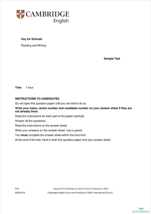 Key for School - R&W - Sample Test. Interactive worksheet | TopWorksheets