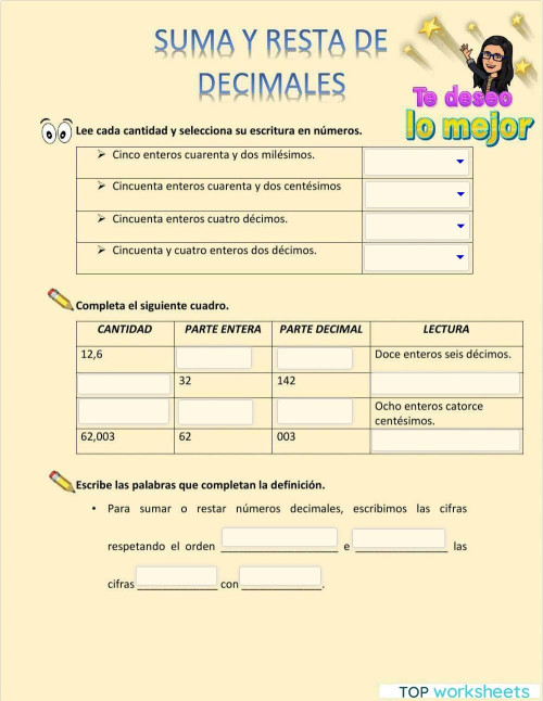 Suma y resta de decimales. Ficha interactiva | TopWorksheets
