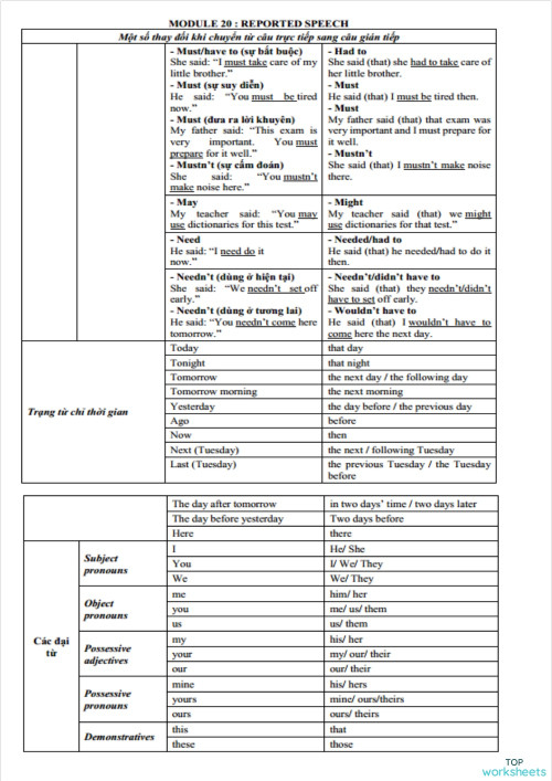 MODULE 20 : REPORTED SPEECH. Interactive worksheet | TopWorksheets