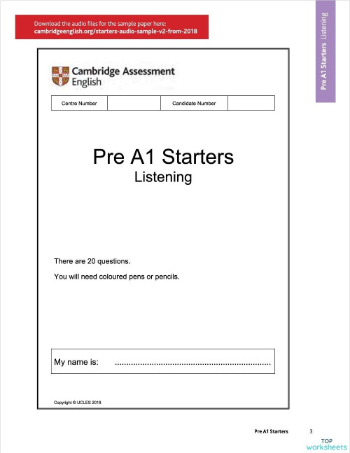 Starters - Listening - Sample Test 2. Interactive worksheet | TopWorksheets