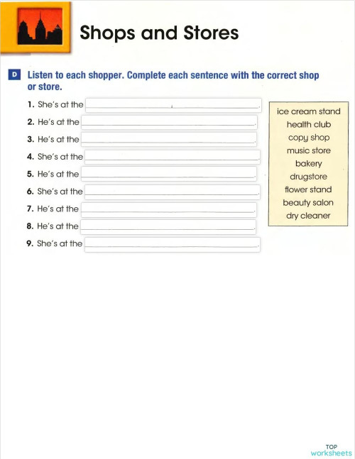 Shops and stores beginner workbook activity D. Interactive worksheet ...