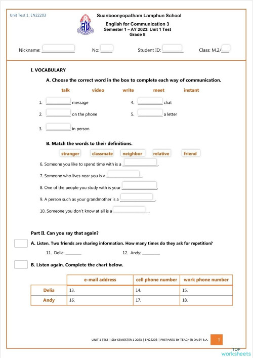 Unit 1 TEST. Interactive worksheet | TopWorksheets