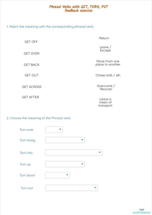 Phrasal Verbs Get, Turn, Put. Interactive worksheet | TopWorksheets
