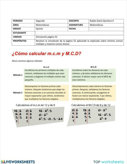 Máximo comun divisor. Ficha interactiva | TopWorksheets