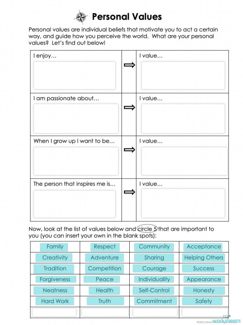 Personal Values. Interactive worksheet | TopWorksheets