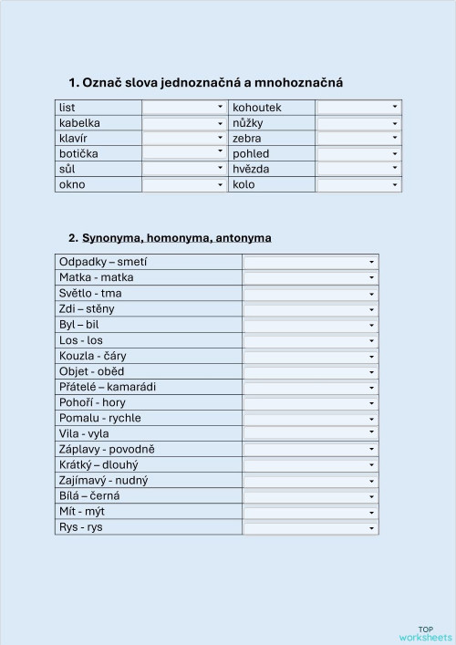 mnohoznačná, synonyma, homonyma, antonyma. Interaktivní pracovní list | TopWorksheets
