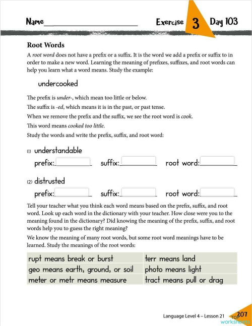 Lesson 21: Pg 207-209 Root Words Ex 3. Interactive worksheet ...