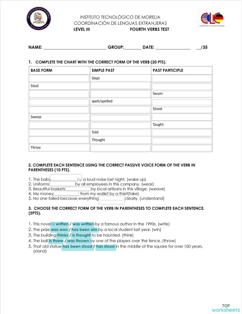 forth verbs test level 3. Interactive worksheet | TopWorksheets