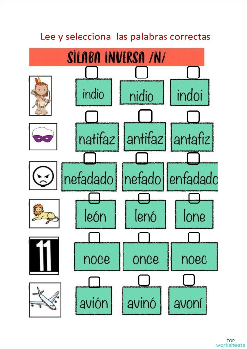 S´´ILABAS INVERSAS CON "N". Ficha interactiva | TopWorksheets