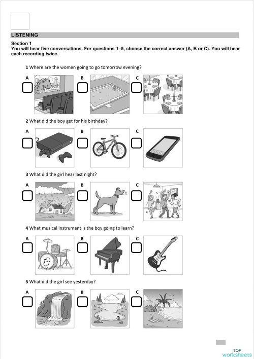 Listening part 1 practice. Interactive worksheet | TopWorksheets