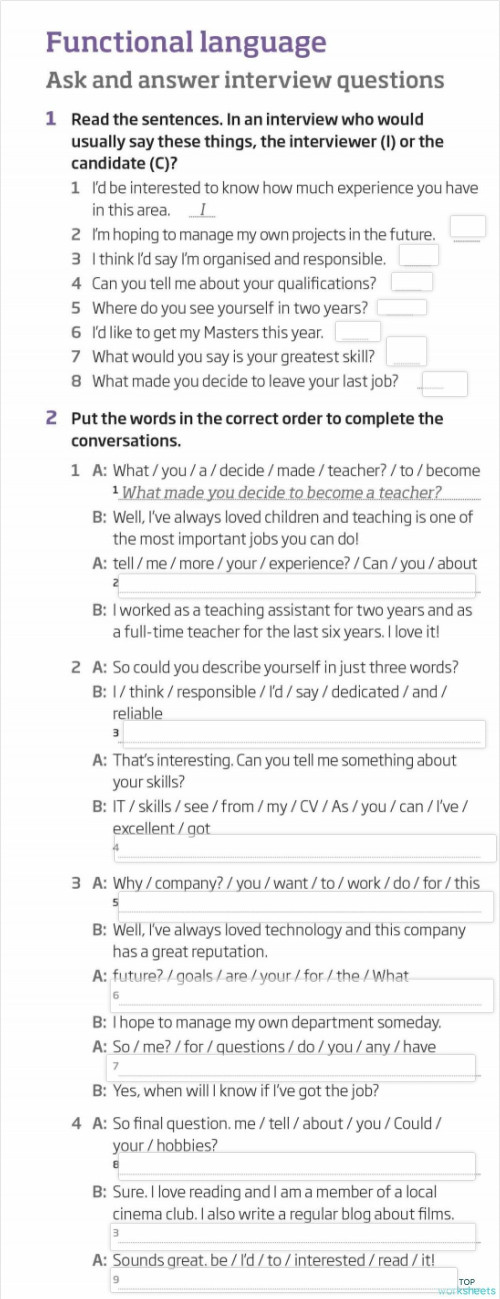 interview questions. Interactive worksheet | TopWorksheets