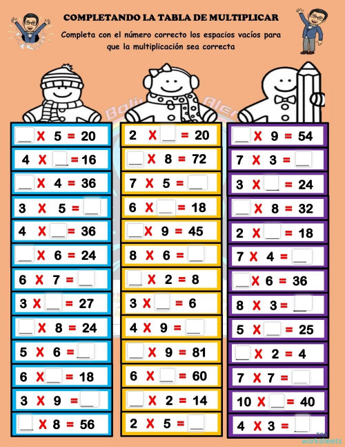 COMPLETANDO LA TABLA DE MULTIPLICAR II. Ficha interactiva | TopWorksheets
