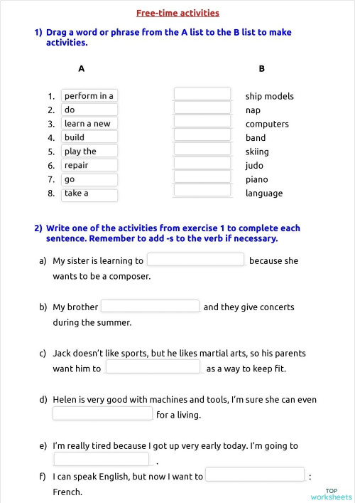 Free-time activities. Interactive worksheet | TopWorksheets