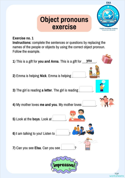 Object pronouns exercise. Interactive worksheet | TopWorksheets