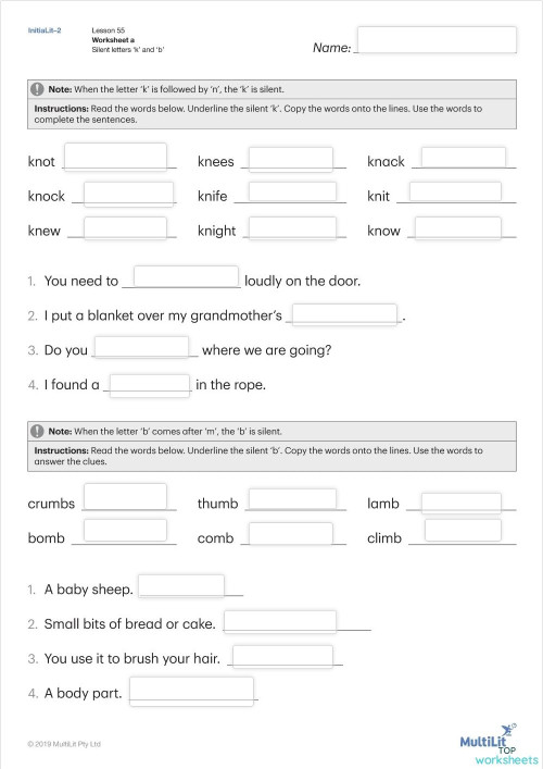 Lesson 55 Silent letters k and b. Interactive worksheet | TopWorksheets
