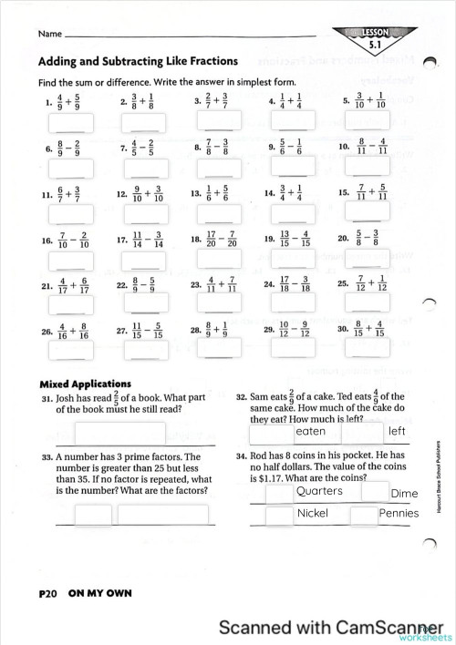Lesson 5.1 Adding and Subtracting Like Fractions (6th) (Copied ...