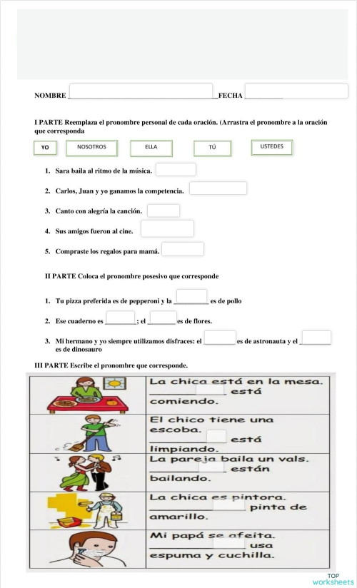 Pronombres: fichas interactivas y ejercicios online | TopWorksheets
