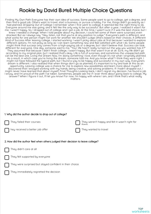 Rookie by David Bureš Multiple Choice Questions. Interactive worksheet ...