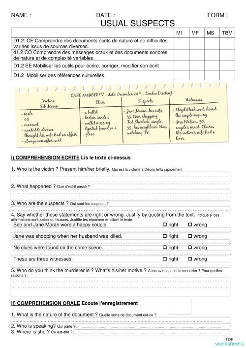 Evaluation bilan. Interactive worksheet | TopWorksheets