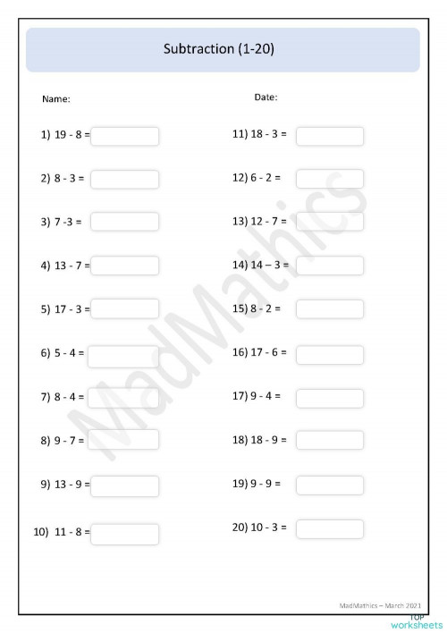 Subtraction1/20. Interactive worksheet | TopWorksheets