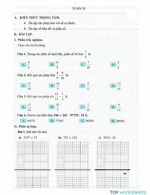 Toán 4 - Tuần 32 Bài tập. Interactive worksheet | TopWorksheets