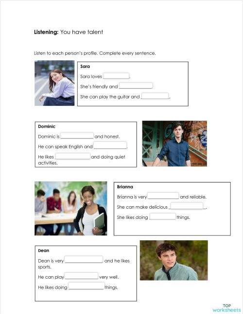 Listening: You have talent!. Interactive worksheet | TopWorksheets