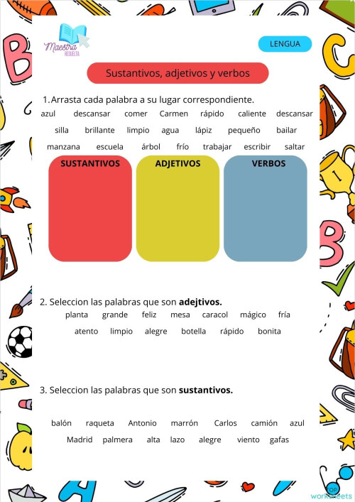 Hoja De Trabajo De Sustantivos Verbos Y Adjetivos Adjetivos
