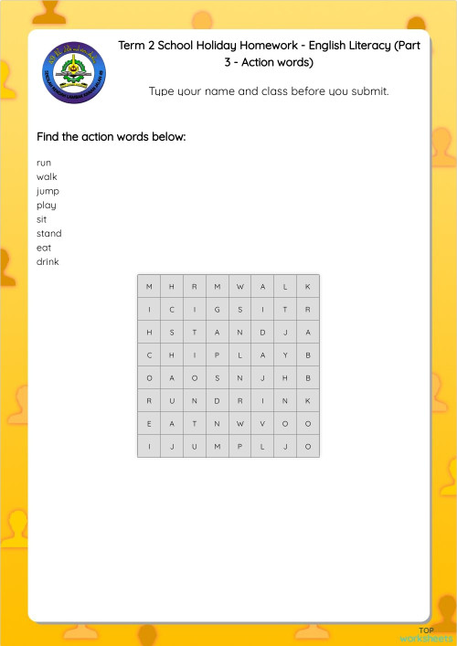 Term 2 School Holiday Homework - English Literacy (Part 3 - Action ...