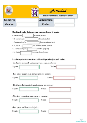 Concordancia entre sujeto y verbo. Ficha interactiva | TopWorksheets
