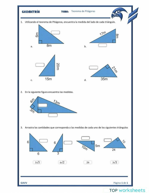 Teorema de Pitágoras. Ficha interactiva | TopWorksheets