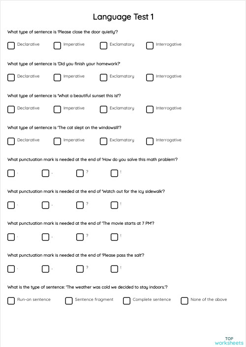 Language Test 1. Interactive worksheet | TopWorksheets