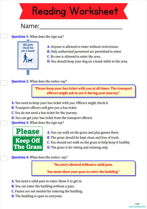 READING PRACTICE 01 (Signs/ ordering/ announcement). Interactive ...