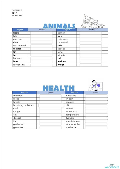 3º U7 VOC ANIMALS AND HEALTH. Interactive worksheet | TopWorksheets