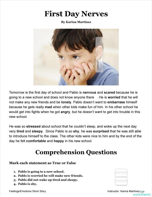 First Day Nerves. Interactive worksheet | TopWorksheets