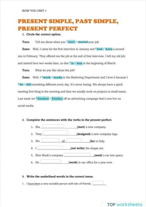 Present simple, past simple and present perfect. Interactive worksheet ...