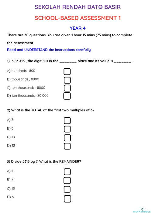 First SBA Asessment MARCH. Interactive worksheet | TopWorksheets