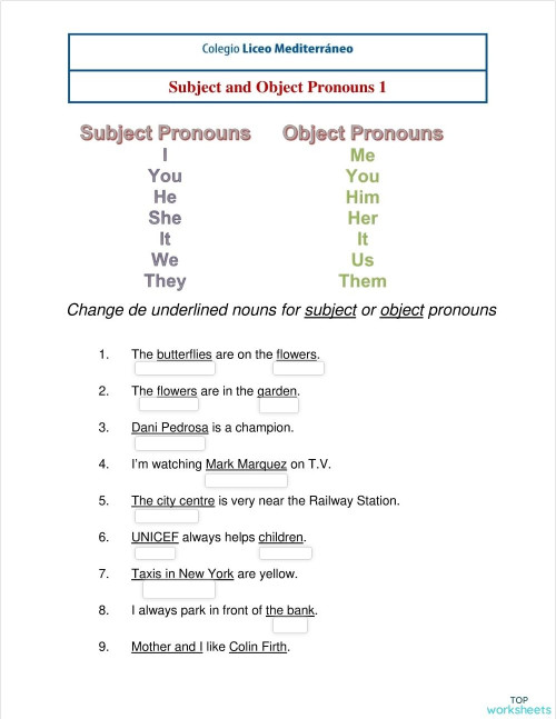 Subject Object Pronouns 1. Interactive worksheet | TopWorksheets