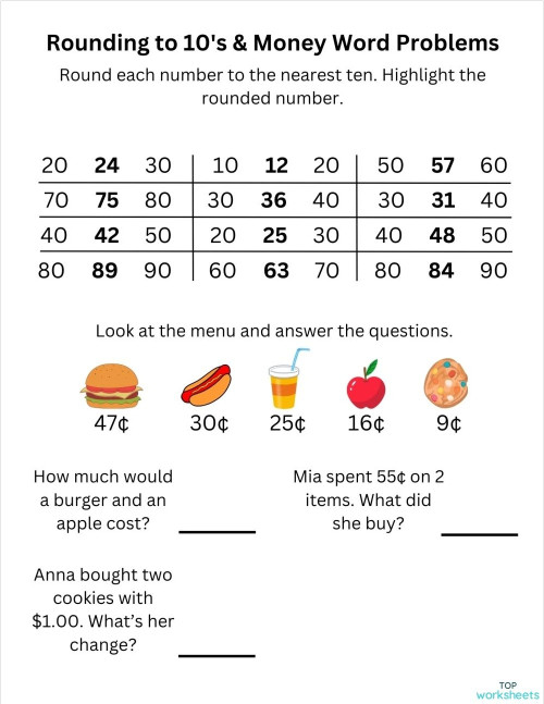 Rounding to 10's & Money Word Problems. Interactive worksheet ...