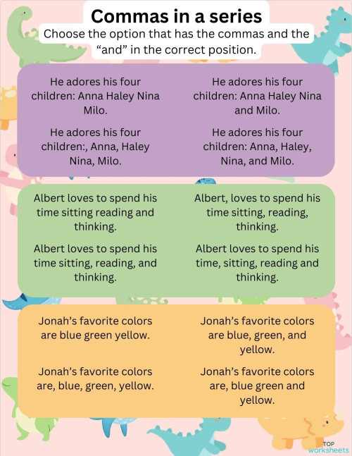 Commas in a series. Interactive worksheet | TopWorksheets