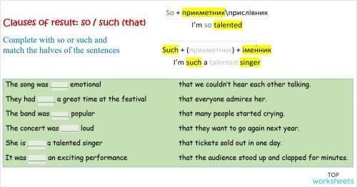 Clauses of result so/such (that). Interactive worksheet | TopWorksheets