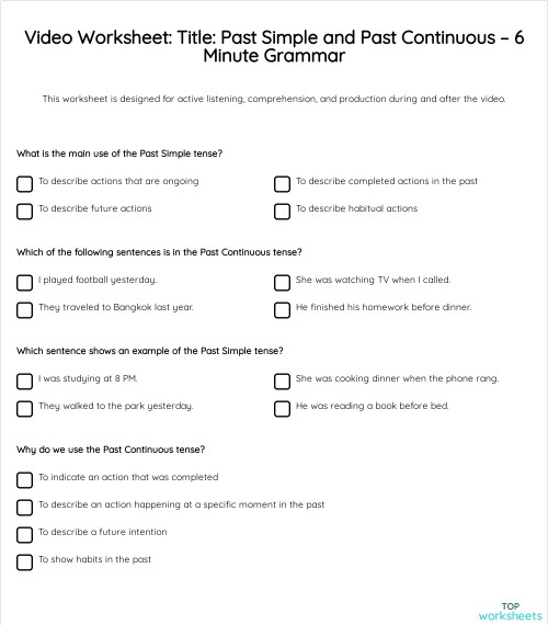 Video Worksheet: Title: Past Simple and Past Continuous – 6 Minute ...