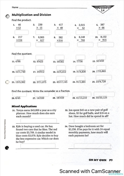 Lesson 2.4 Multiplication and Division (6th). Interactive worksheet ...