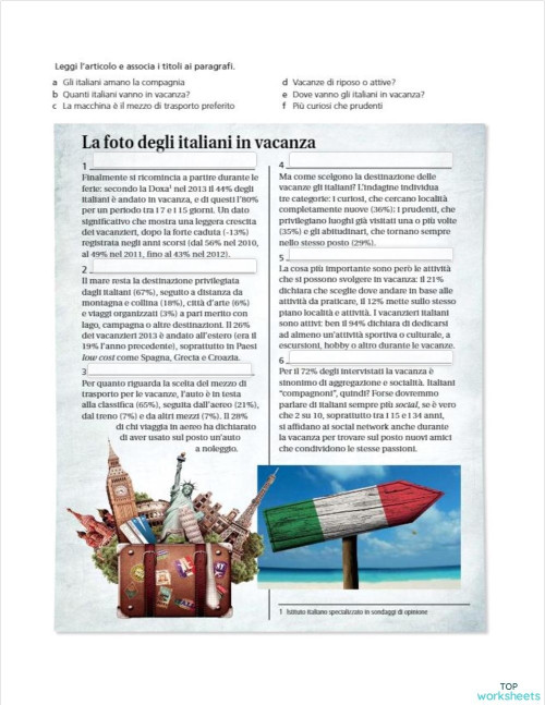 Gli italiani in vacanza. Scheda interattiva | TopWorksheets