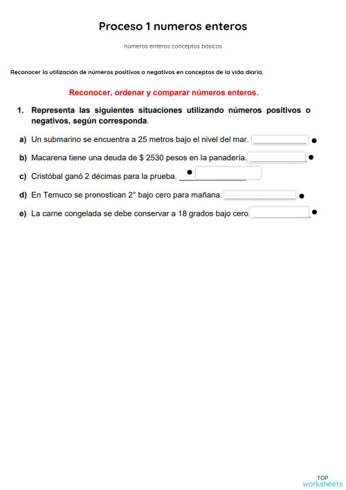 Proceso 1 numeros enteros. Ficha interactiva | TopWorksheets
