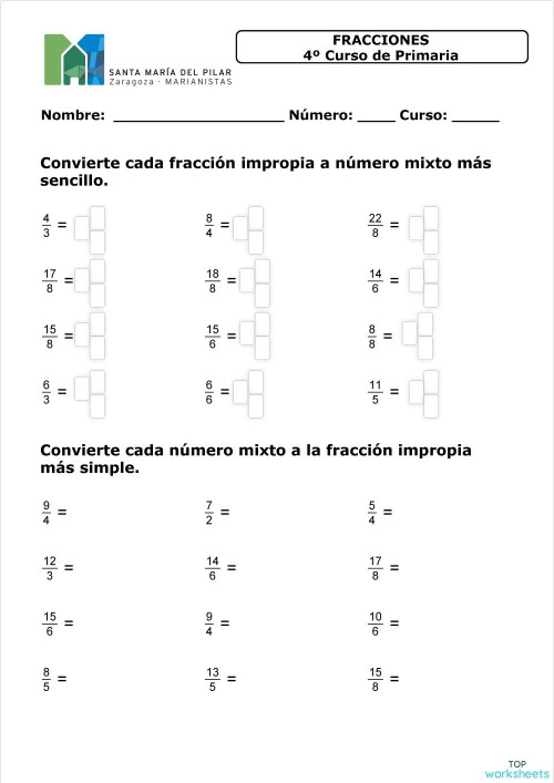 Fracción impropia Número mixto. Ficha interactiva | TopWorksheets