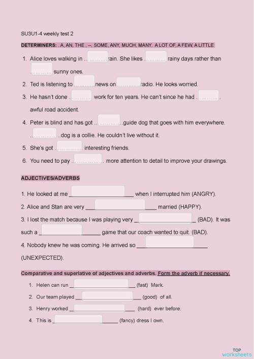 SU3U1-4 Weekly test 2: present & past simple vs continuous, determiners ...