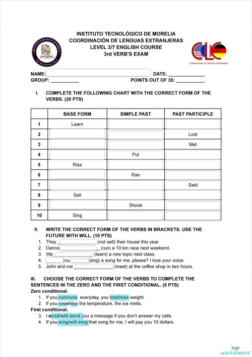3rd verbs exam. Interactive worksheet | TopWorksheets