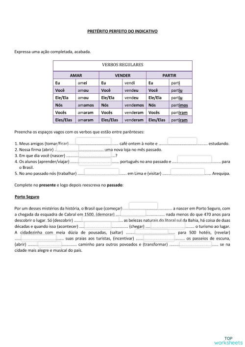 Pretérito Perfeito. Ficha interativa | TopWorksheets