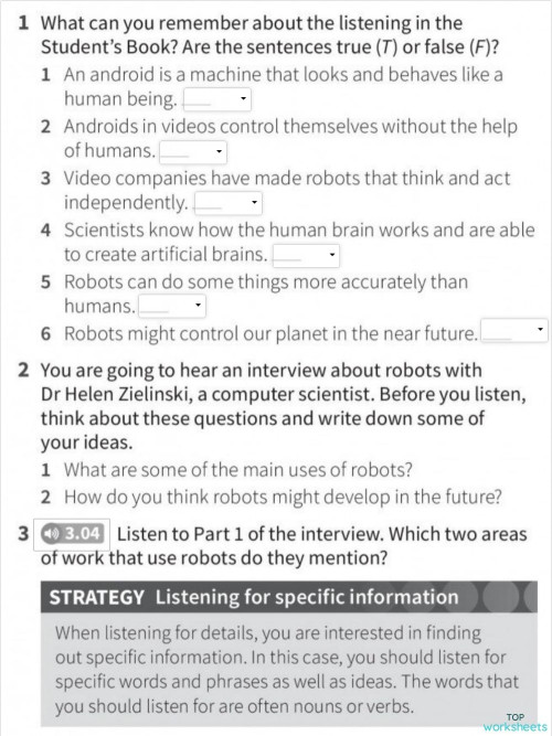 Homework 9. Listening: an interview about robots. Interactive worksheet ...