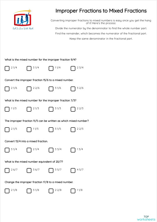 Improper Fractions to Mixed Fractions. Interactive worksheet ...